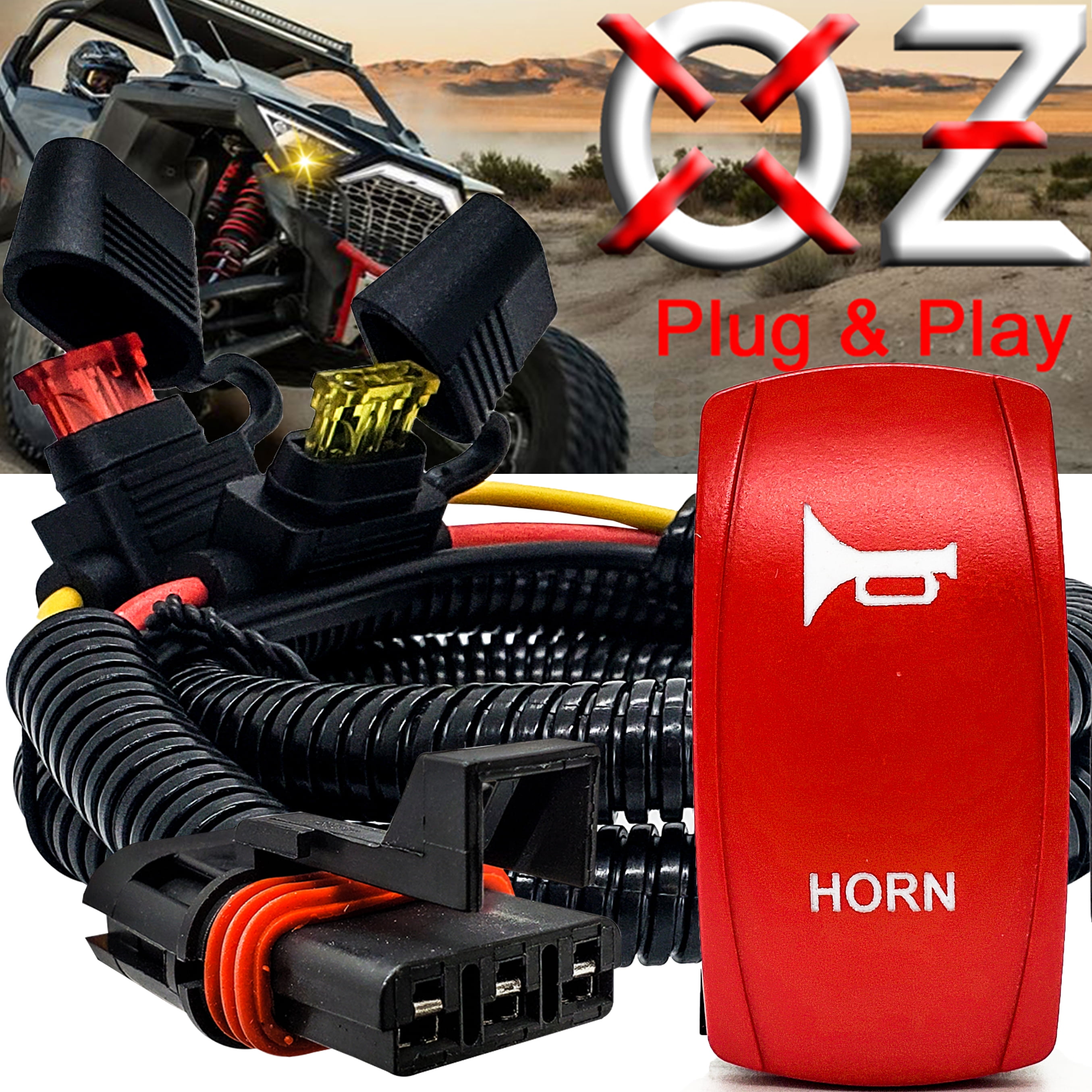 HORN Momentary On/Off Red Rocker Switch with Power Busbar Plug Wire ...