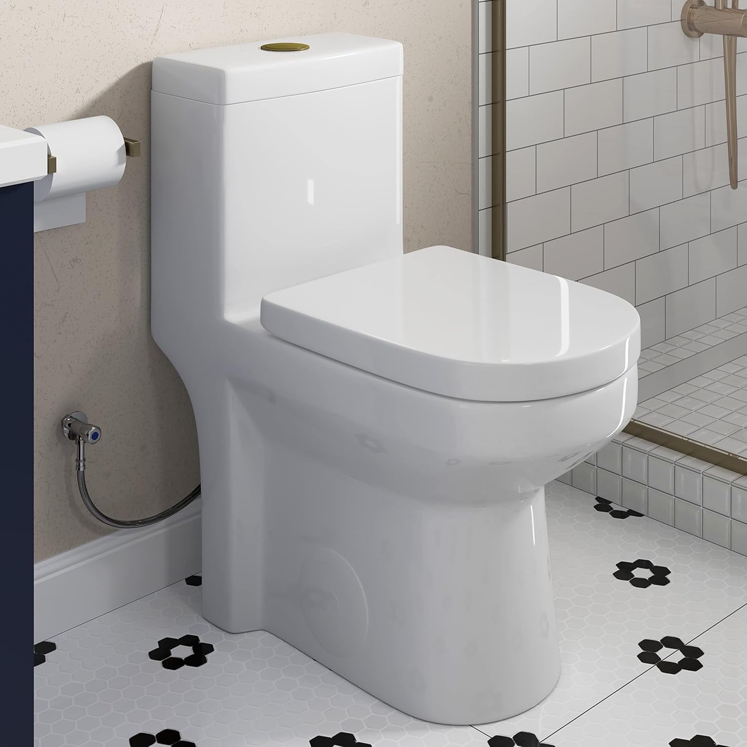 HOROW Small Compact Toilet with Gold Button One Piece Soft Closing Seat ...