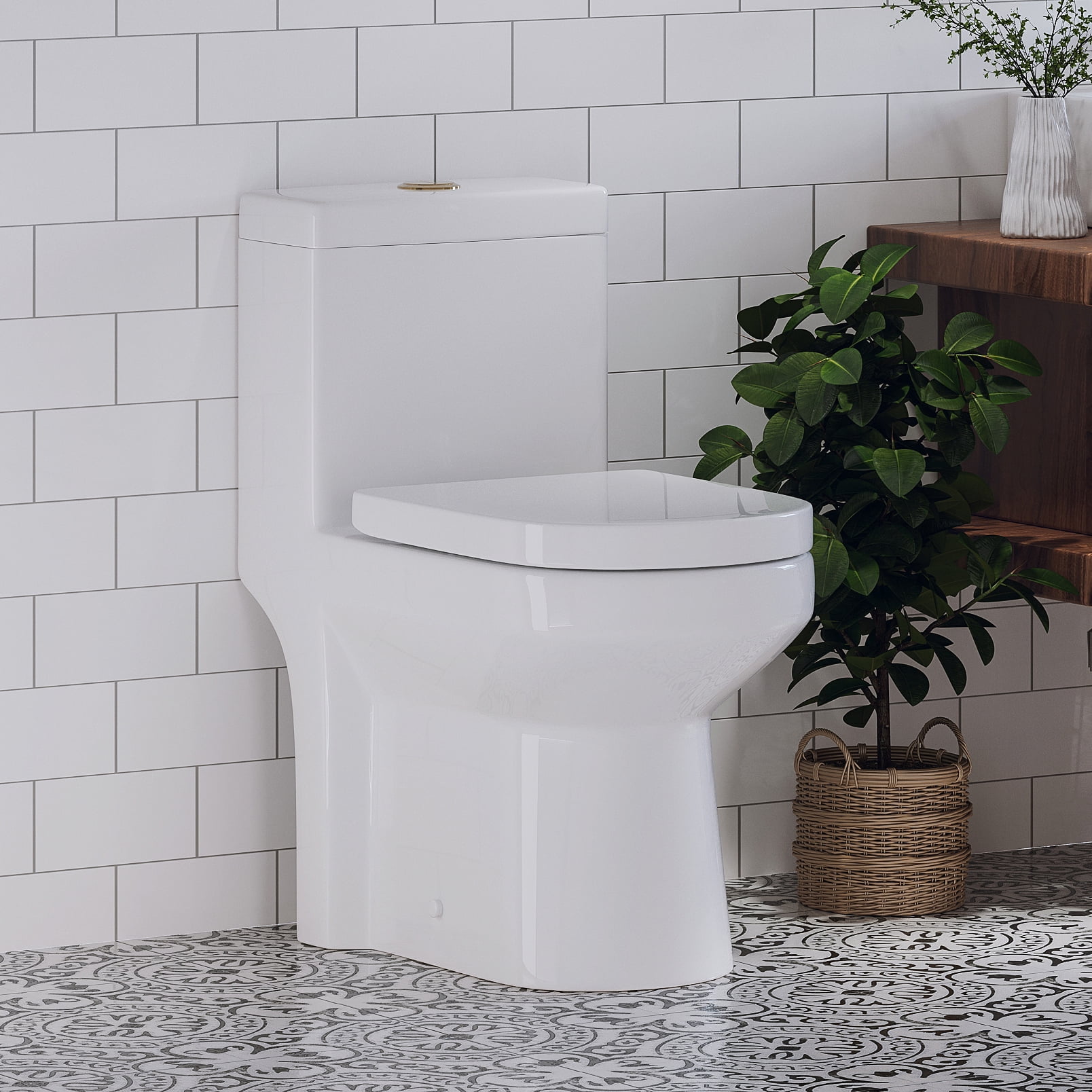 HOROW Small One Piece Toilet with Gold Flush Button, Dual Flush 1.28 ...