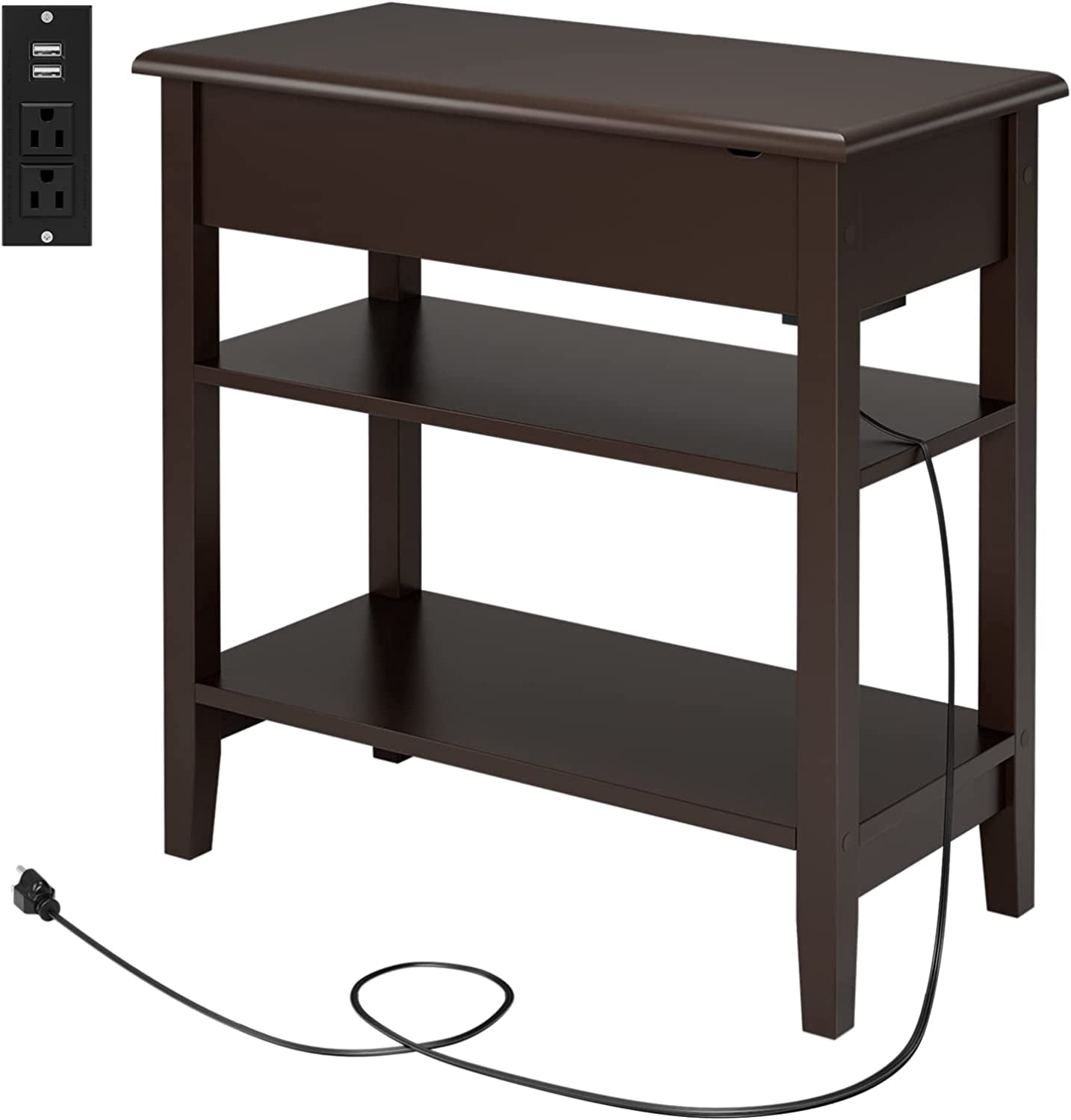 HORSTORS End Table with Charging Station, 3 Tier Narrow Nightstand with Storage Shelf, Slim Side ...