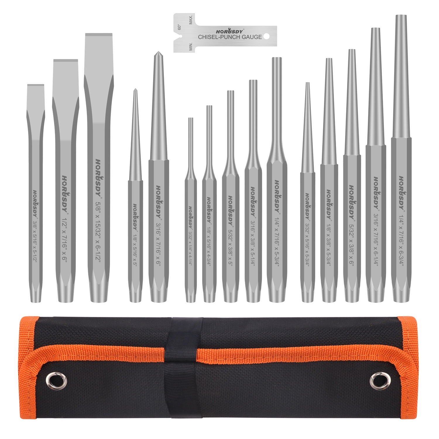 HORUSDY 16pc Steel Punch & Chisel Set - Taper Punch, Cold Chisels, Pin ...