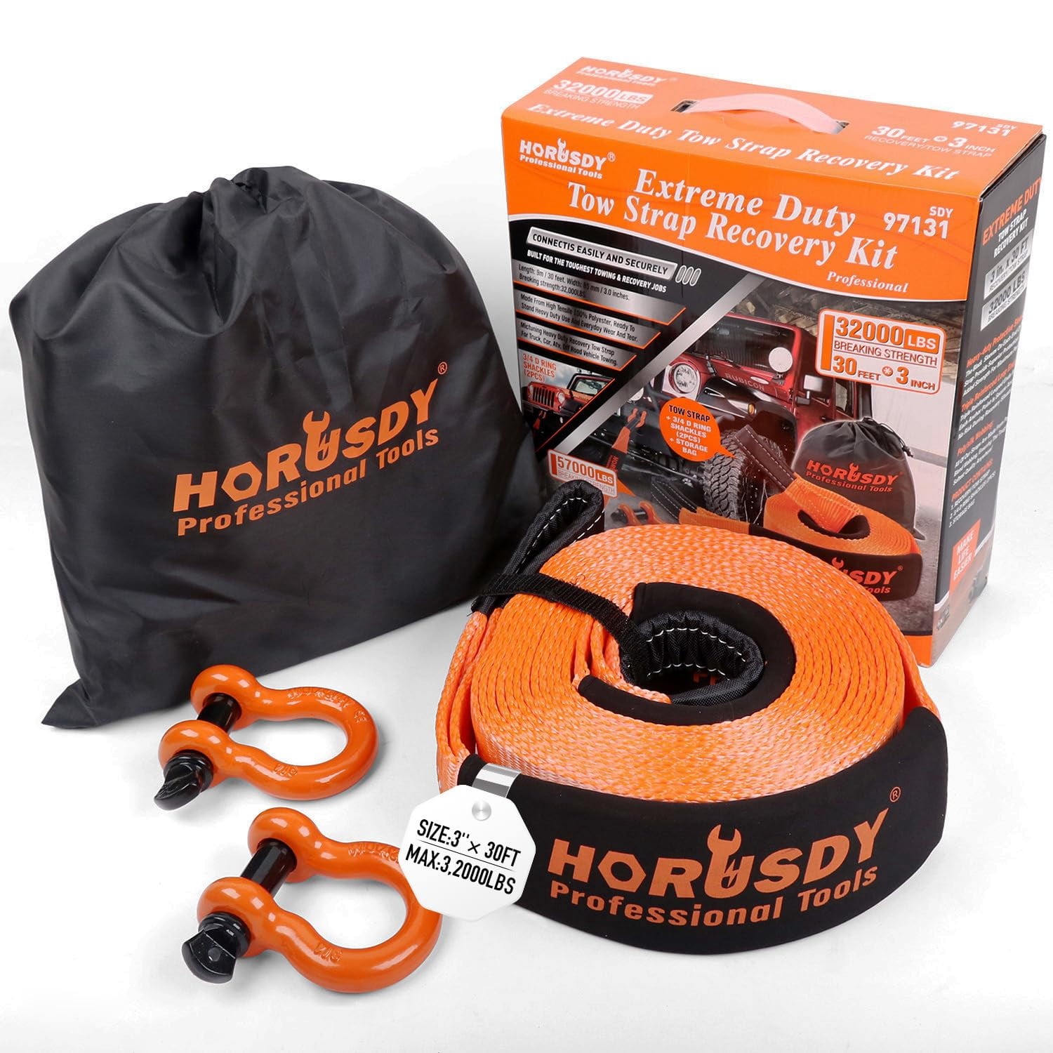 HORUSDY Nylon Heavy Duty RRF12 Tow Strap Recovery Strap with Hooks 3" x ...