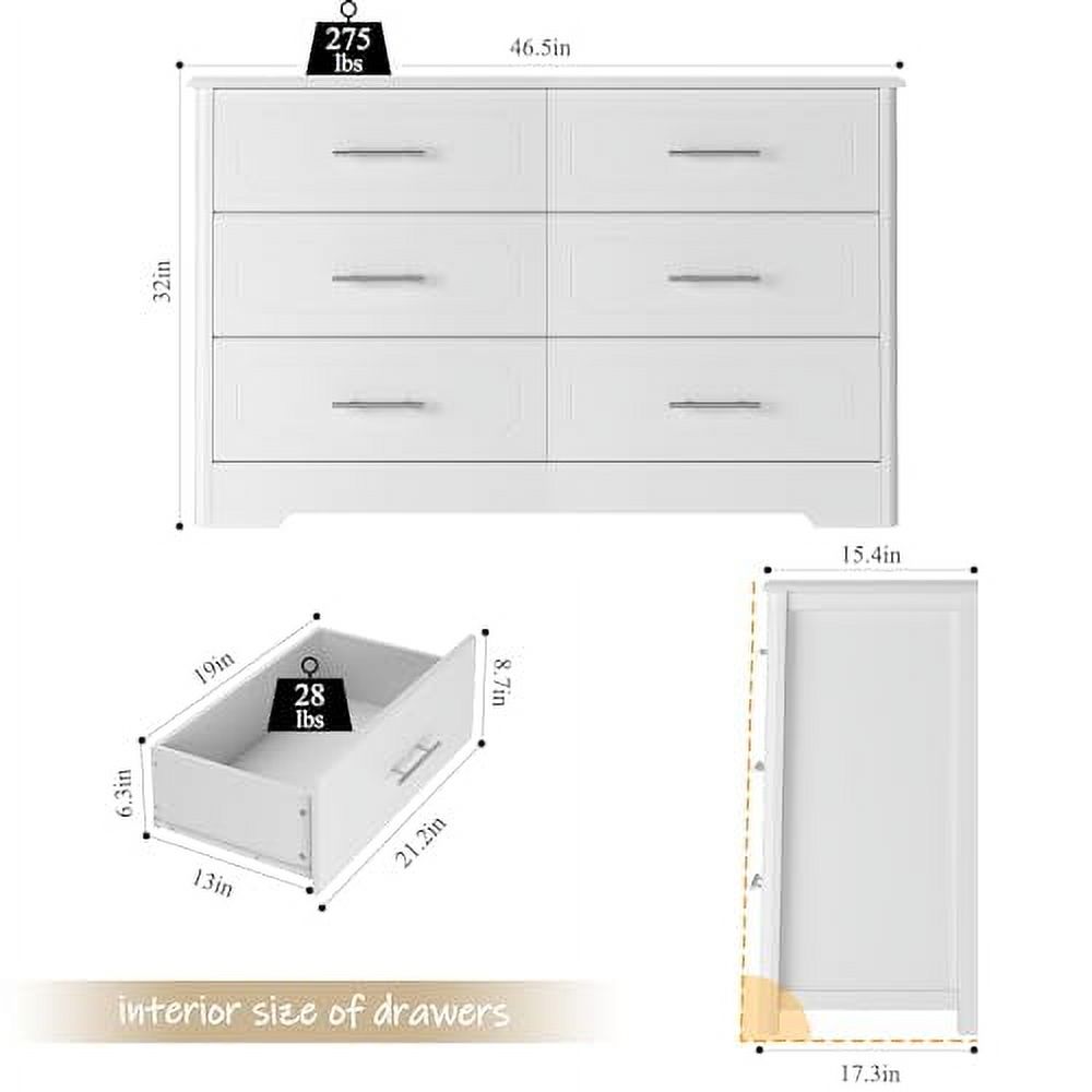 HOSATCK 6 Drawer Dresser, Modern White Double Dresser, Wide Chest of ...