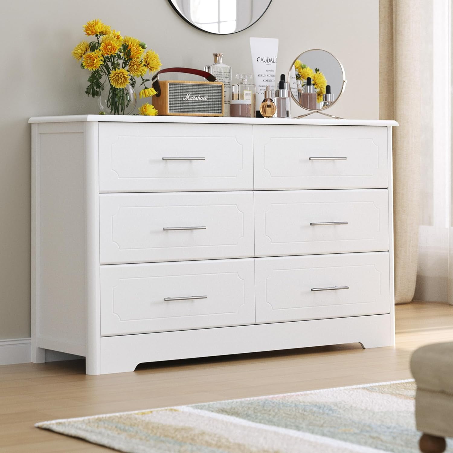 HOSATCK 6 Drawer Dresser, Modern White Double Dresser, Wide Chest of ...
