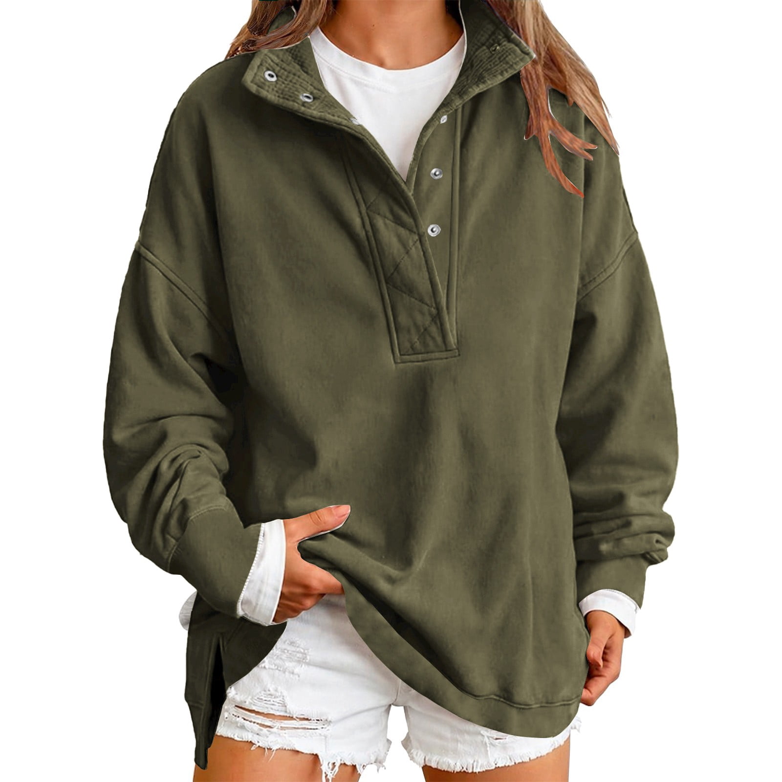HOSIA Oversized Mock Neck Henley Sweatshirt with Snap Button Fall ...