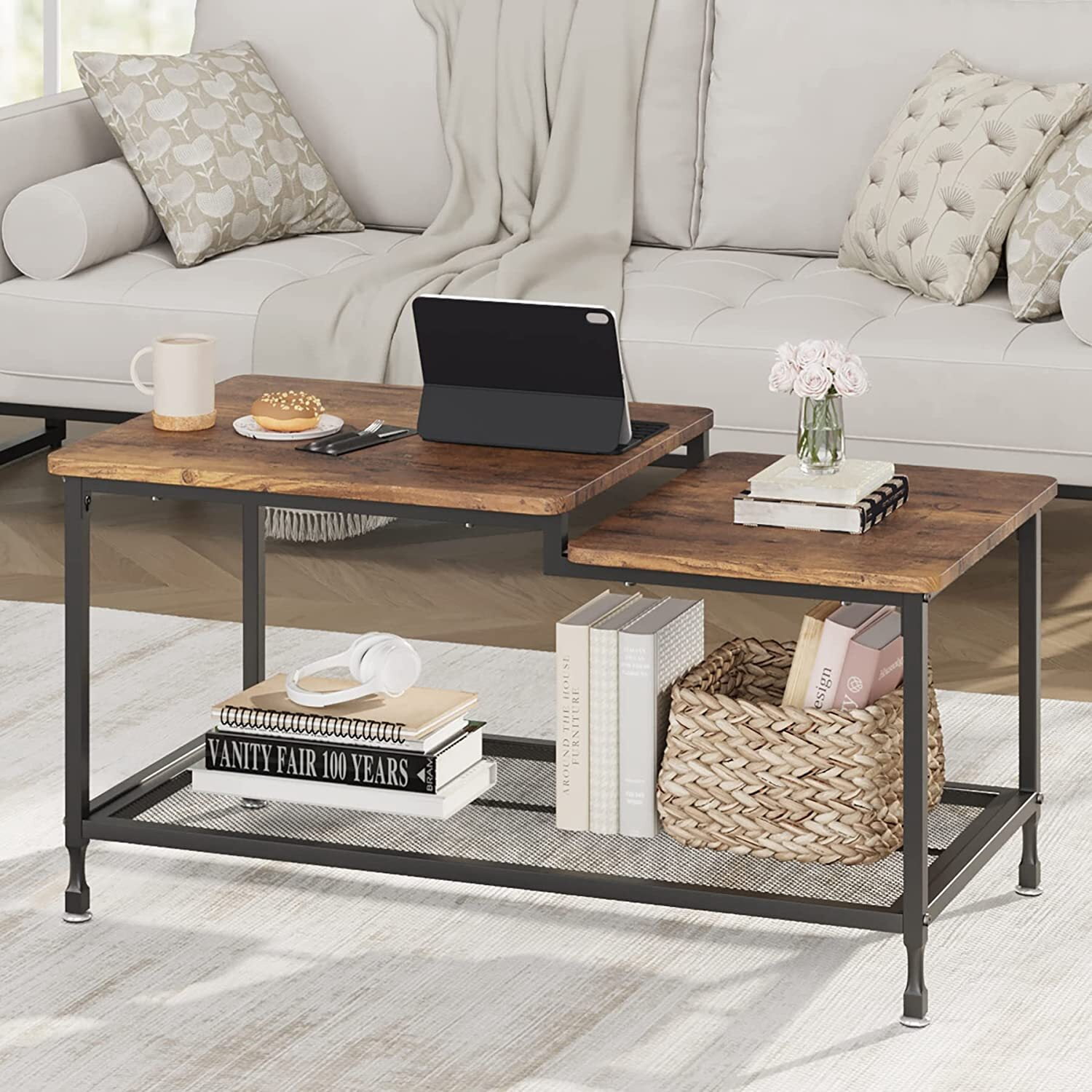 HOSSLLY 2-Tier Industrial Coffee Table with Storage Mesh Shelf Cocktail ...