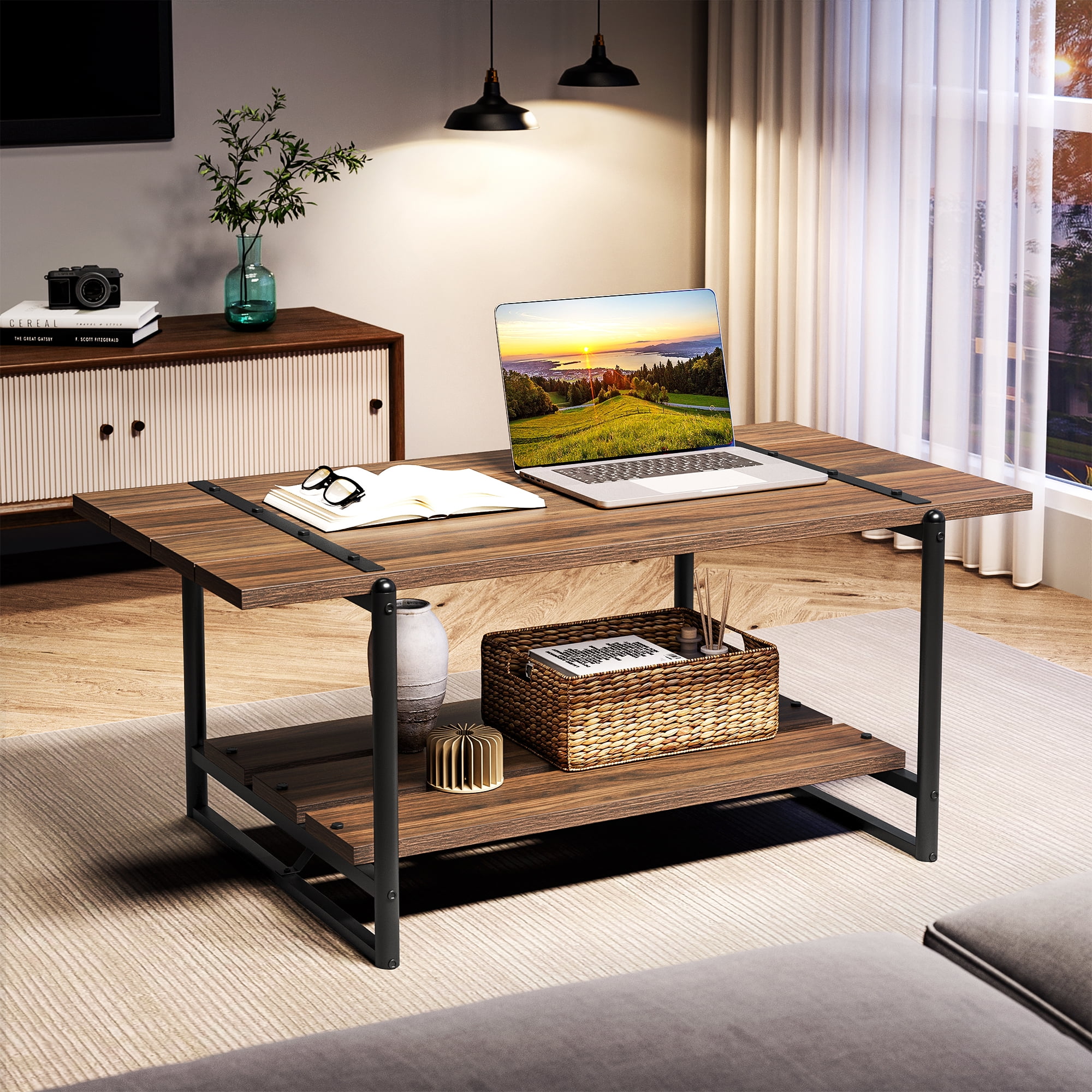 HOSSLLY 2-Tier Modern Industrial 41'' Large Wood Coffee Table with ...