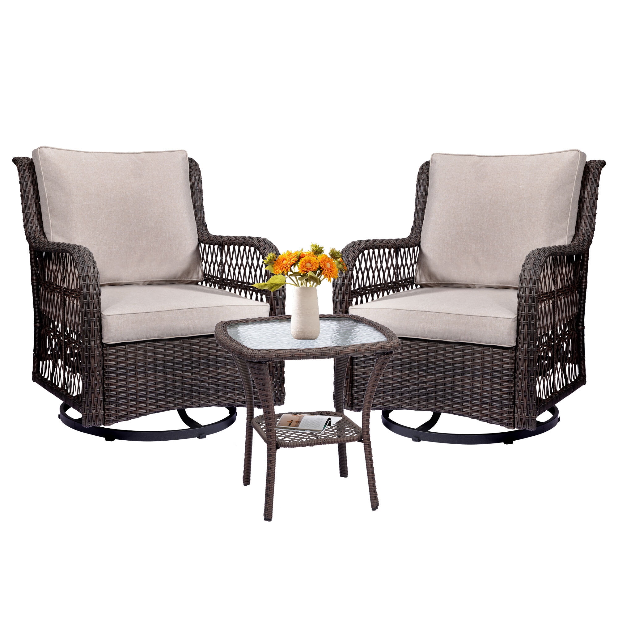 HOSSLLY 3 Pieces Outdoor Wicker Swivel Rocker Patio Set with Premium ...