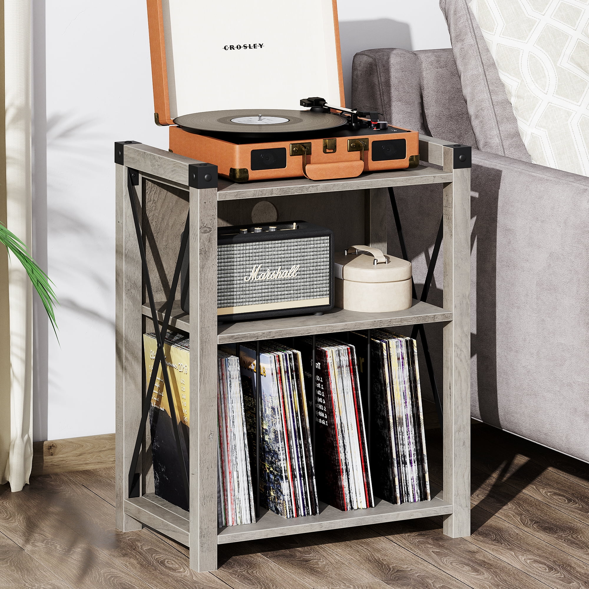 HOSSLLY 3-Tier Record Player Stand/ End Table with Storage,Grey ...