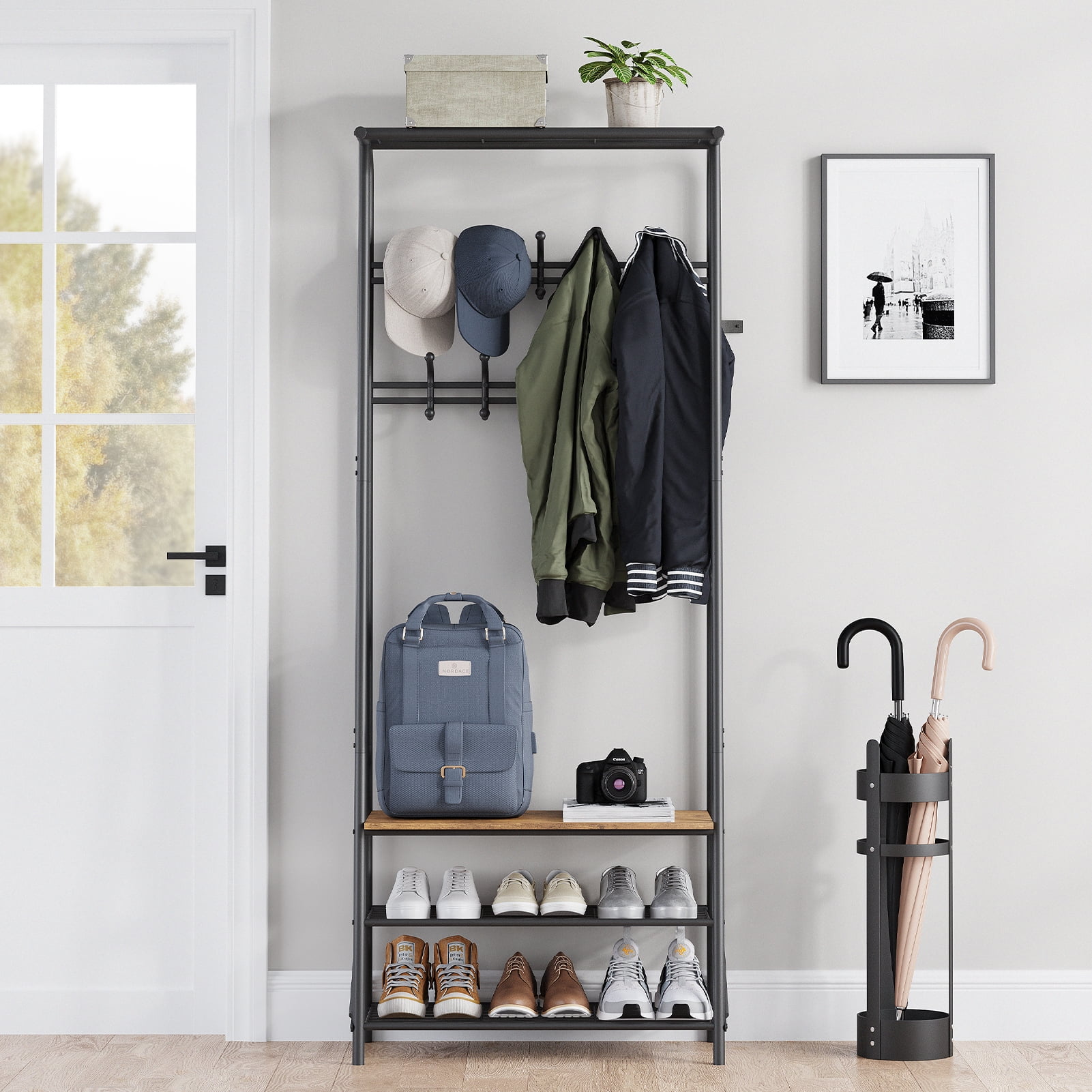 Hosslly 3-in-1 Entryway Coat Rack, Storage Bench, Industrial Hall Tree ...
