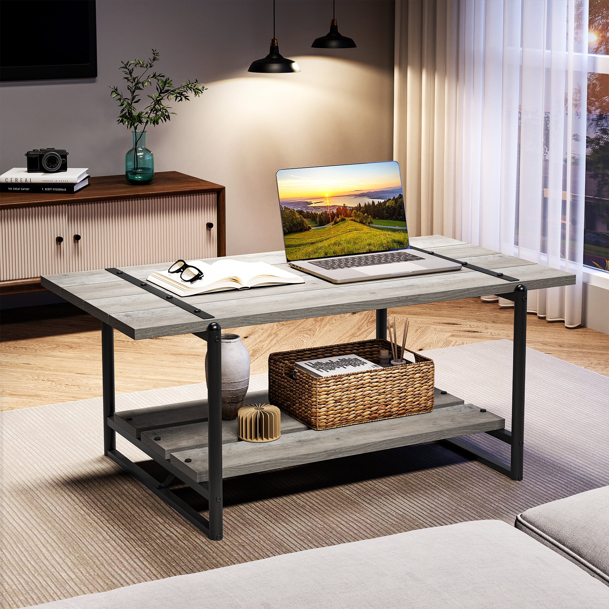 HOSSLLY 41'' Large 2-Tier Gray Wood Coffee Table with Storage Shelf ...