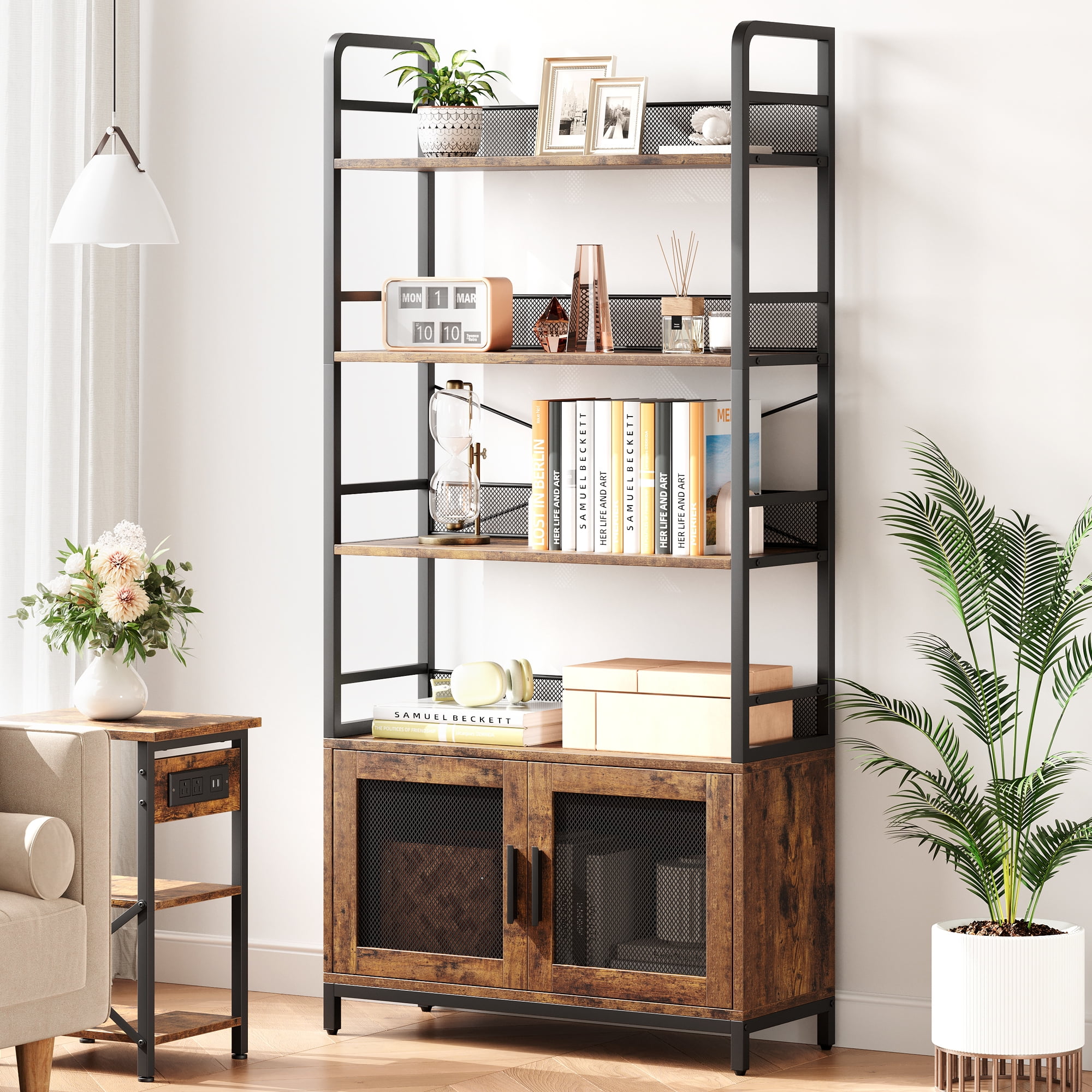 HOSSLLY Bookshelf with Doors Industrial Bookcase with 4 Tiers Open ...