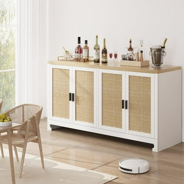 FANGSUM Natural Rattan Wood Storage Cabinet with Door & 3 Drawers ...