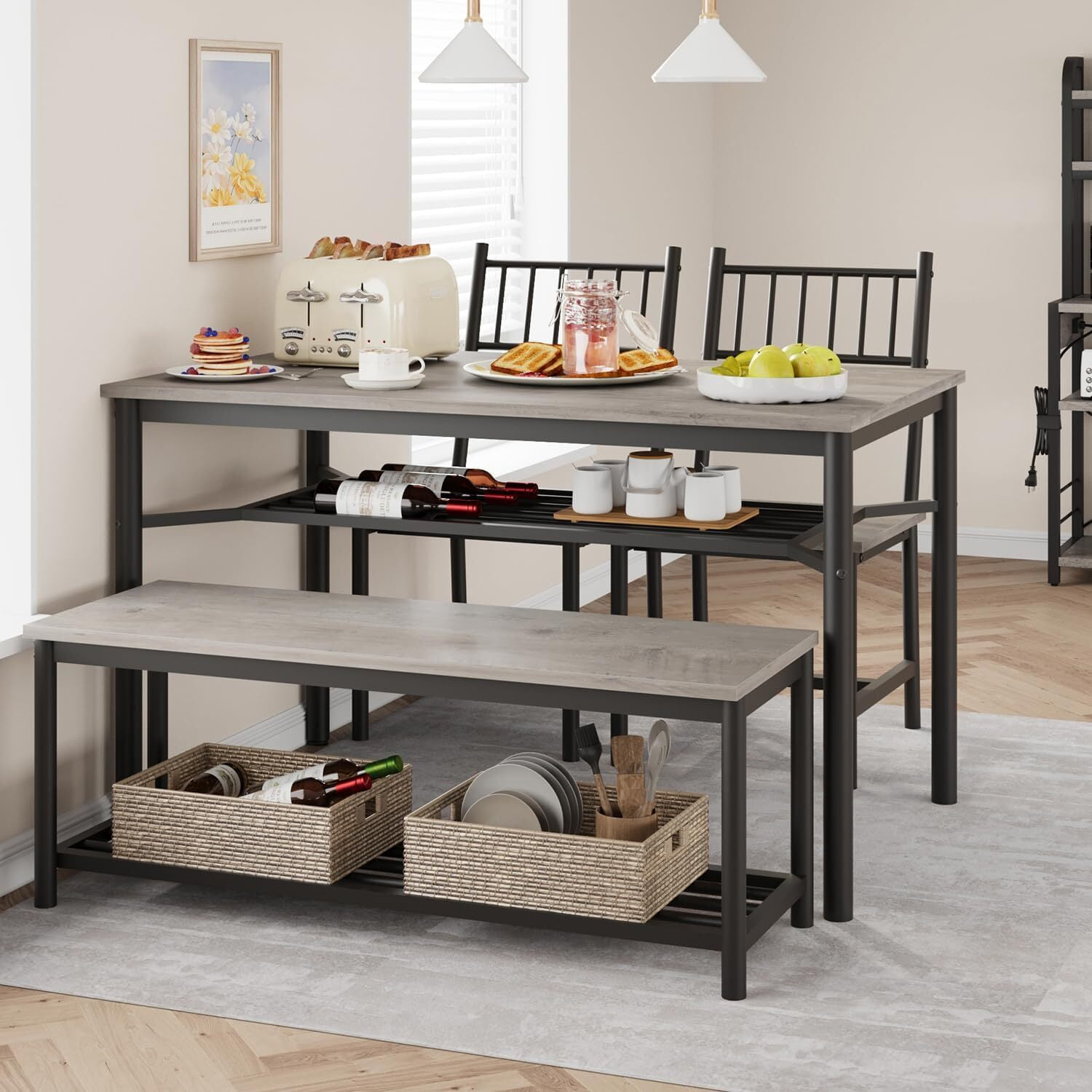 HOSSLLY Dining Table Set for 4, Kitchen Table and 2 Chairs with Storage ...