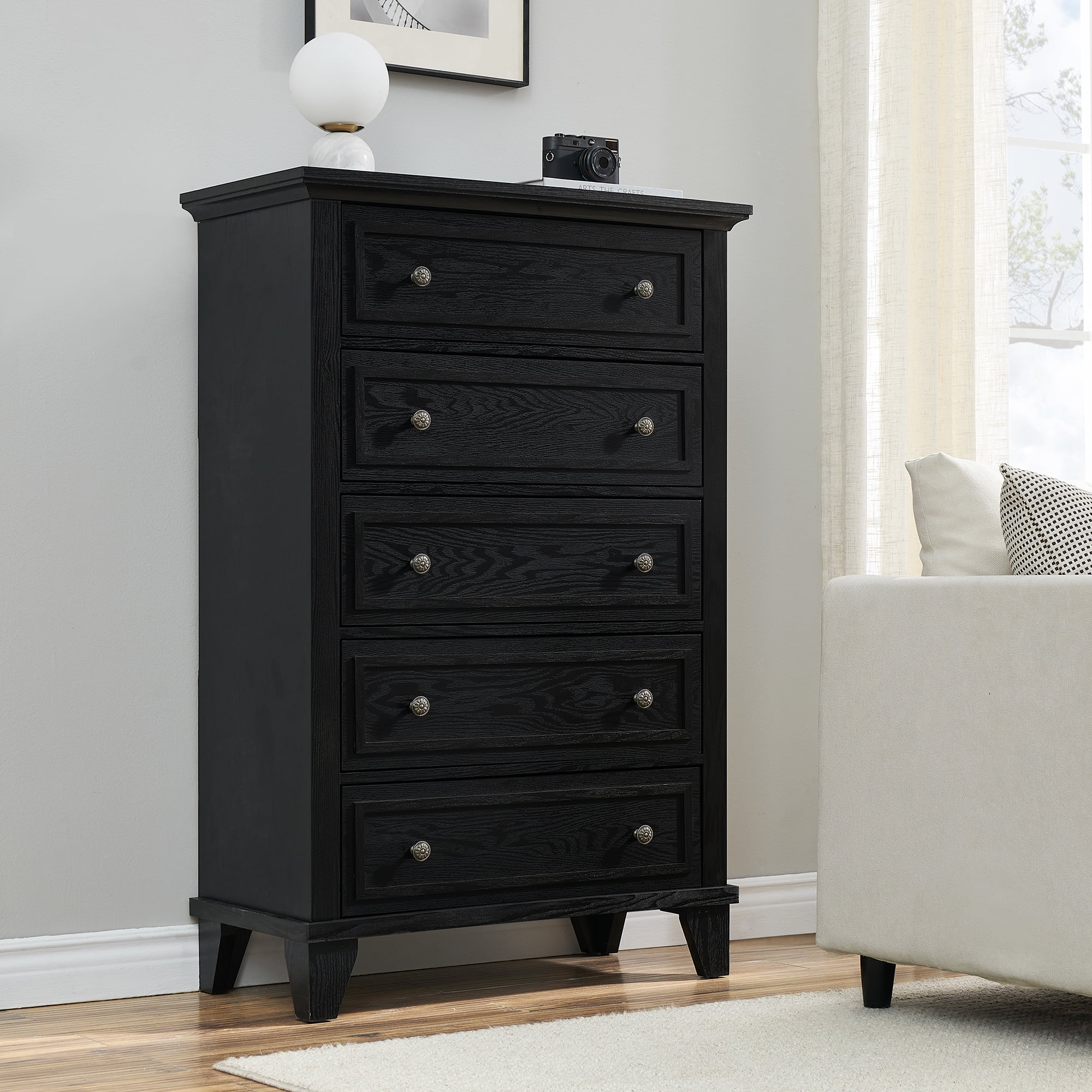 Hosslly Farmhouse 5 Drawer Dresser, Wood Rustic Tall Chest, Black, 31.5 ...