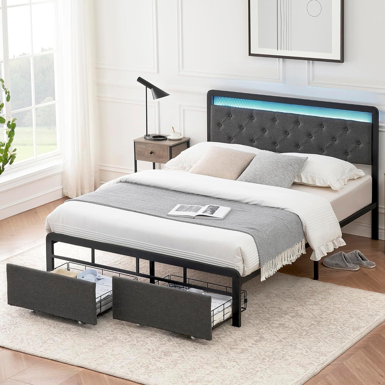 HOSSLLY Full Size Bed Frame with 2 Storage Drawers, Button Tufted ...