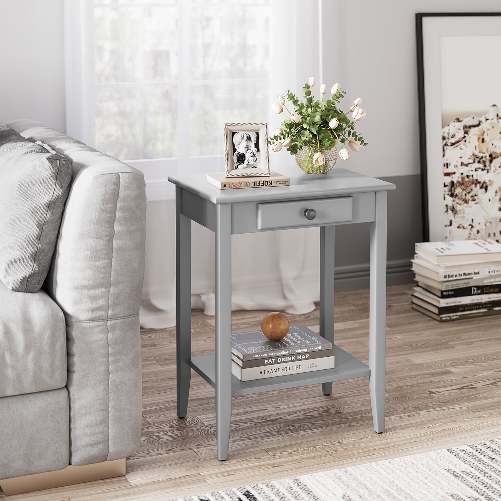 HOSSLLY Grey Finish Nightstand with Drawer and Bottom Open Shelf, Wood ...