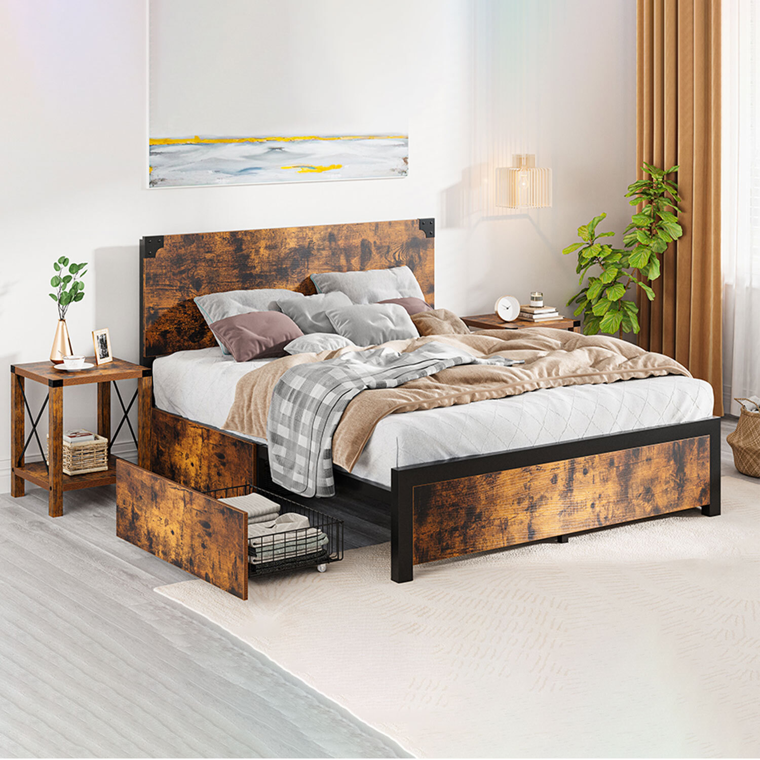 HOSSLLY Queen Size Bed Frame with 4 Storage Drawers and Headboard, No ...