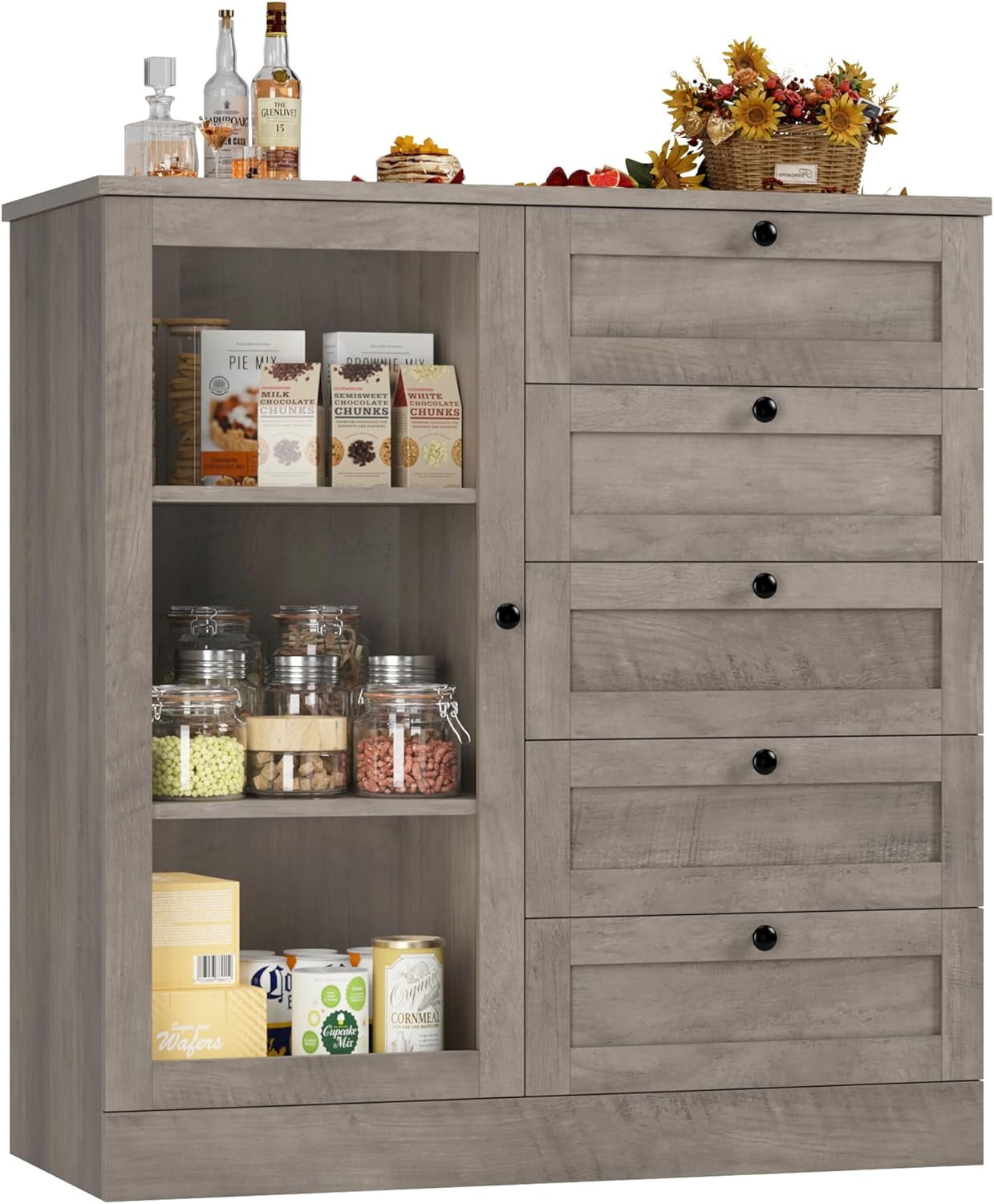 HOSTACK 5 Drawer Dresser with Door, Storage Cabinet with Drawers and ...