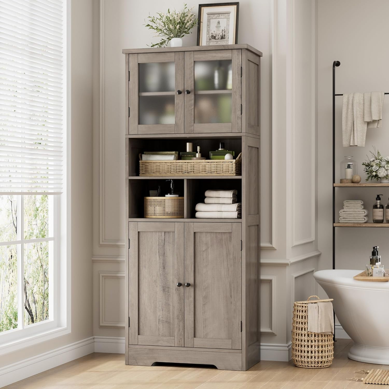 HOSTACK 58" Tall Bathroom Cabinet, Freestanding Bathroom Storage ...