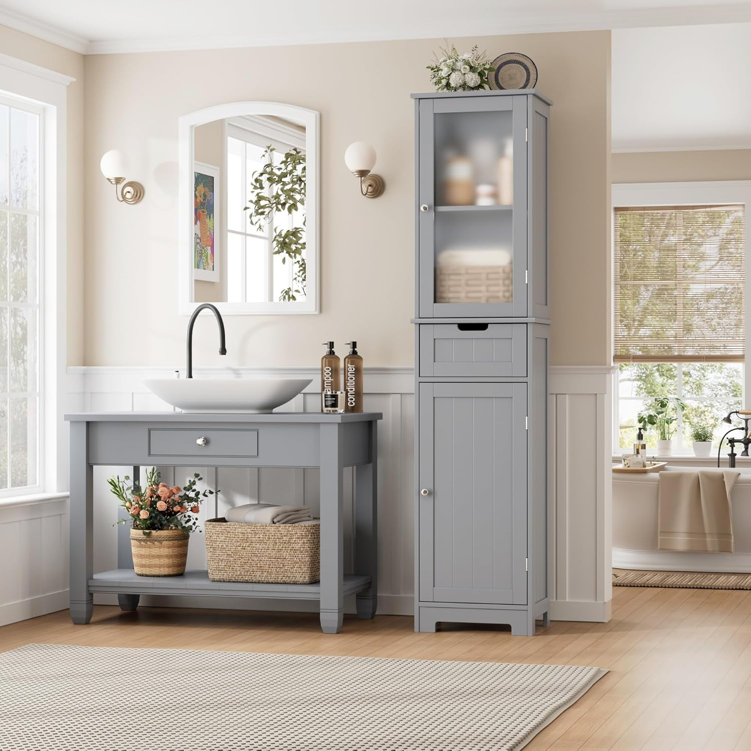 HOSTACK 67" Tall Bathroom Storage Cabinet, Freestanding Linen Bathroom ...