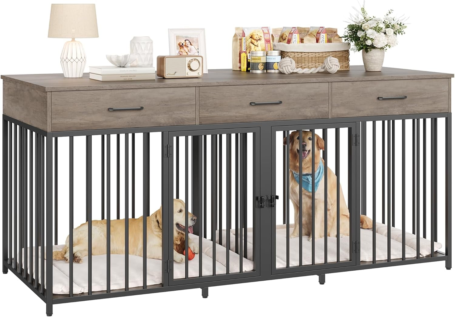 HOSTACK Double Dog Crates Furniture, 71" Wide Indoor Dog Kennel with 3 ...