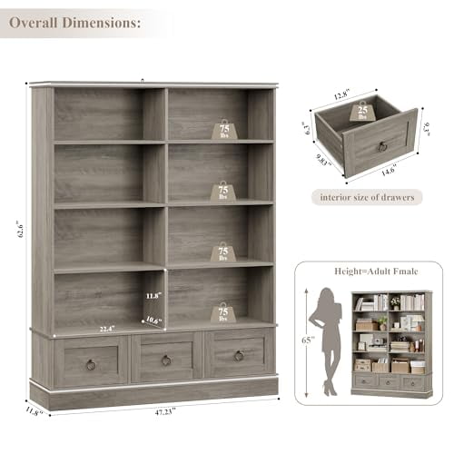 HOSTACK Farmhouse Bookshelf and Bookcase, 47" Wide Bookcase with ...