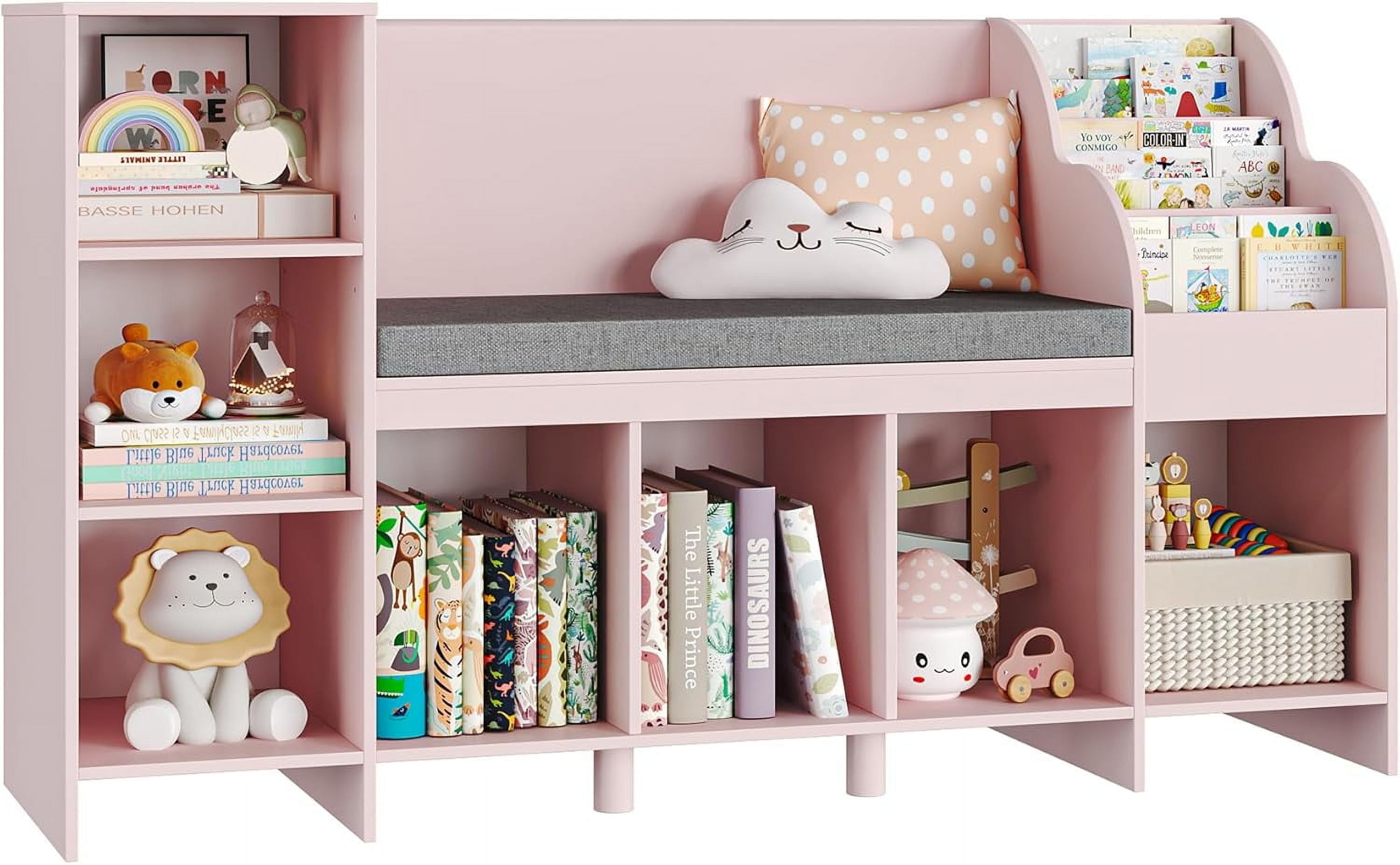 HOSTACK Kids Reading Nook, Nursery Bookshelf and Bookcase with Bench ...