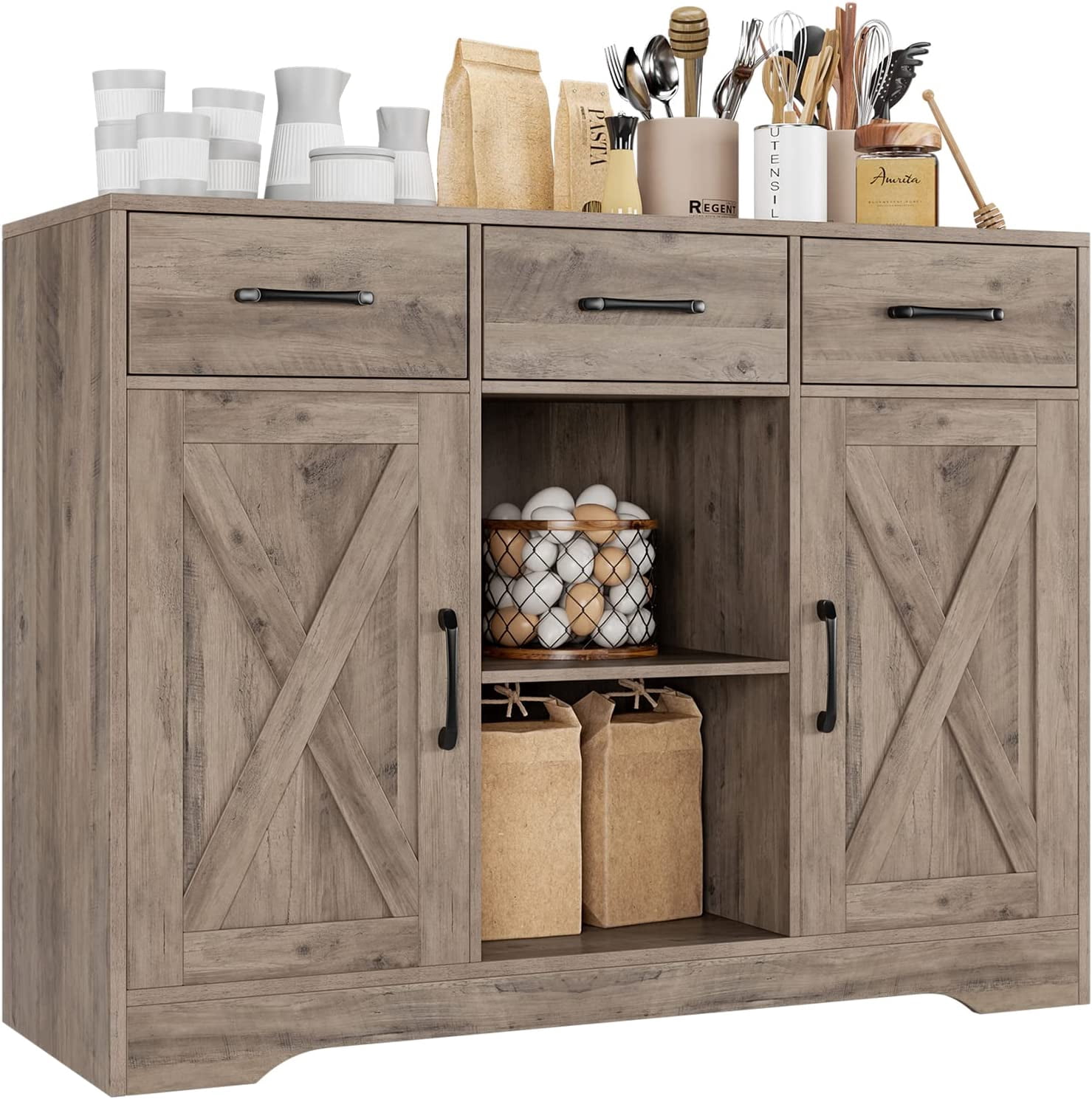 HOSTACK Modern Farmhouse Buffet Storage Cabinet, Barn Doors Wood ...