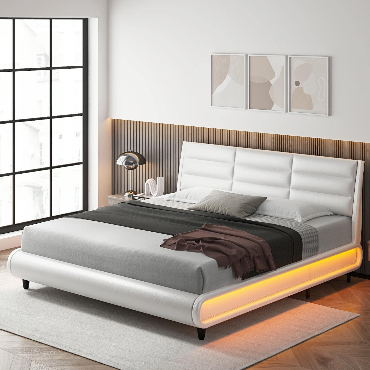 HOSTACK Upholstered Bed Frame with Smart LED, PU Low Profile Sleigh ...