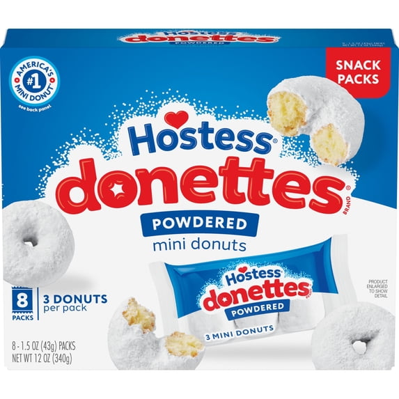 HOSTESS Mini Powdered DONETTES Donuts in Resealable Bag, Snack Pack, 8 ...
