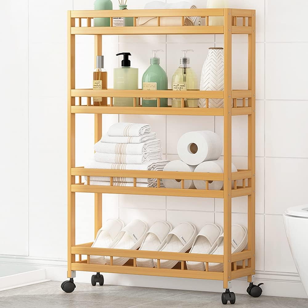【HOSTK】4-Tier Rolling Bamboo Kitchen Storage Cart, 7.1 Inch Slim ...