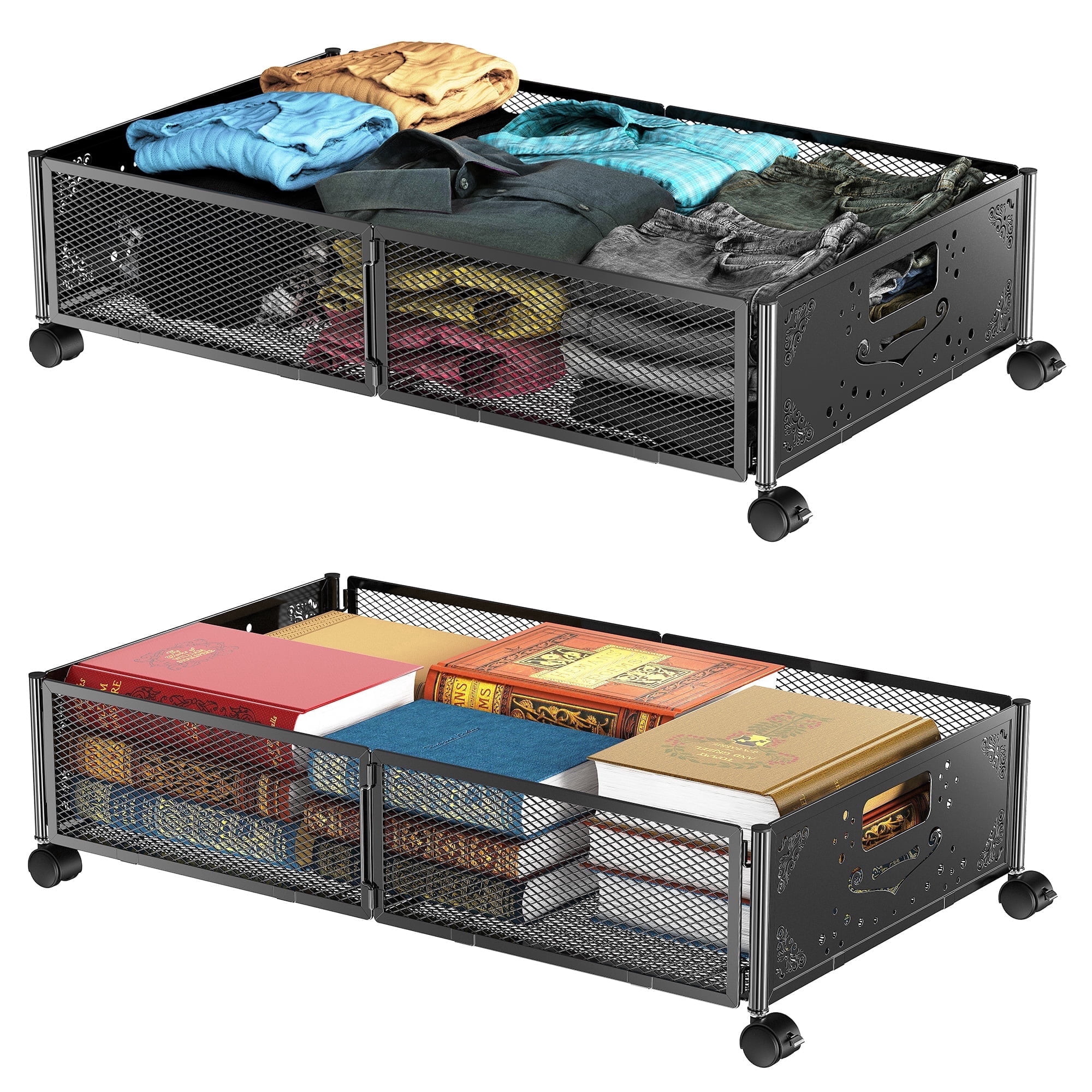 【HOSTK】Black Foldable Under Bed Storage Drawers with Wheels - 2 Pack ...