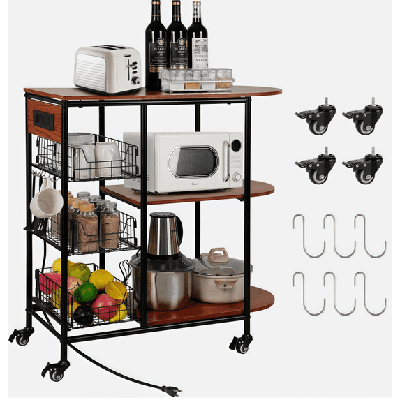 【HOSTK】Red-Brown/chestnut Rolling Kitchen Cart with Storage, 3 Pull-Out ...