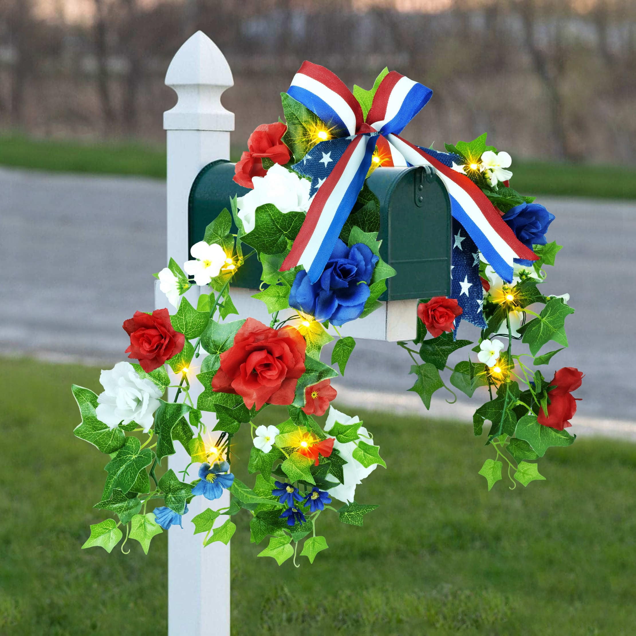 HOSY Pre-lit Mailbox Swag with Solar ATT1Powered LED Lights, Red White ...