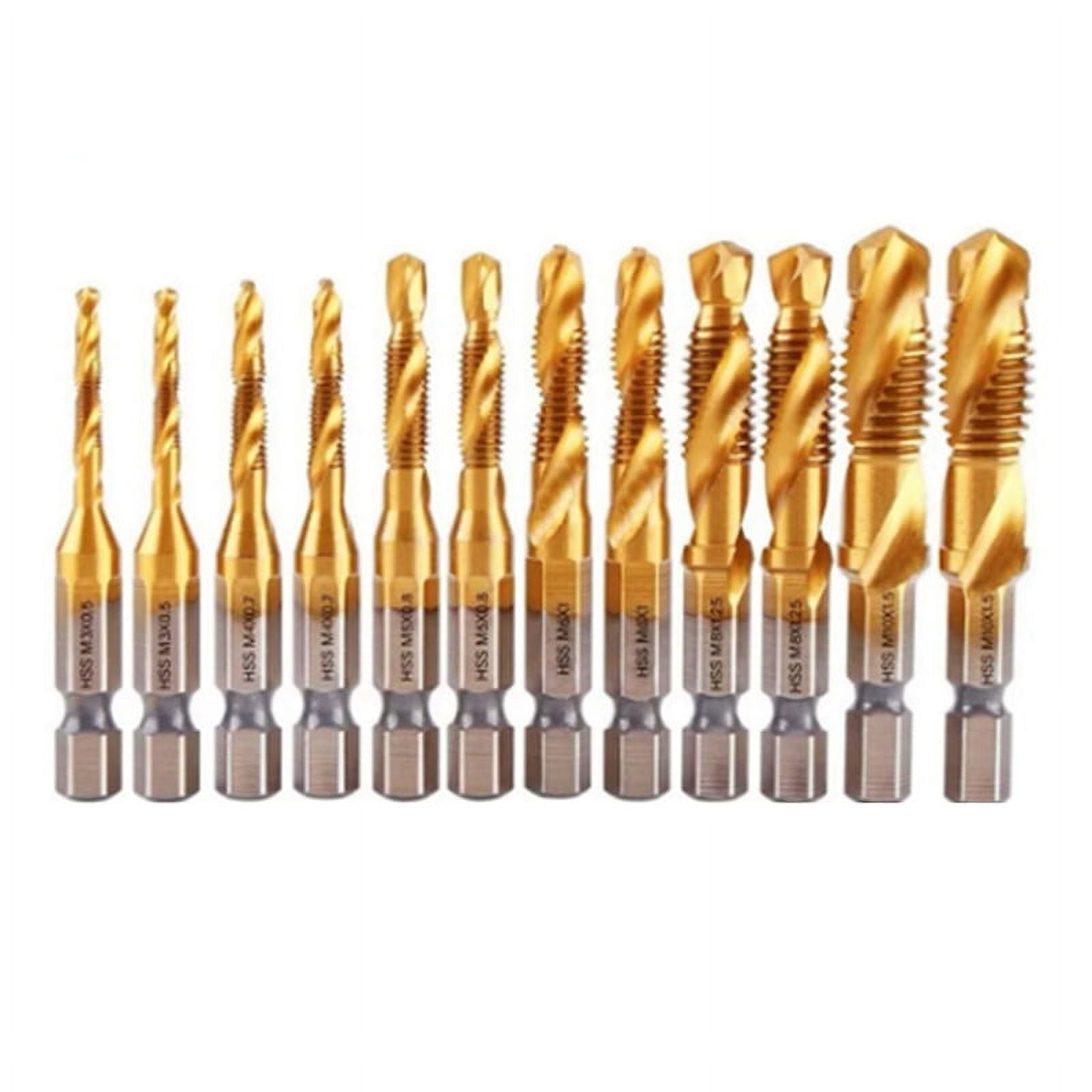 HOT 12pcs Titanium Coated HSS Tap Drill Bits Set Hex Shank Screw Thread ...