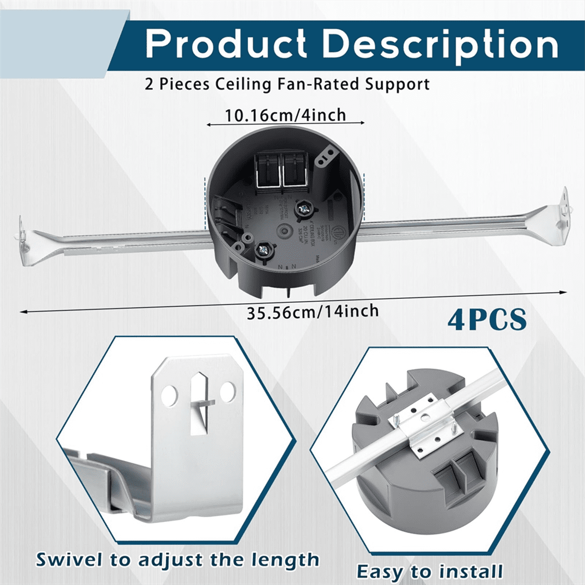 HOT! 4Pcs Ceiling Fan Brace,Adjustable 14-24.5Inch Electrical Box with ...