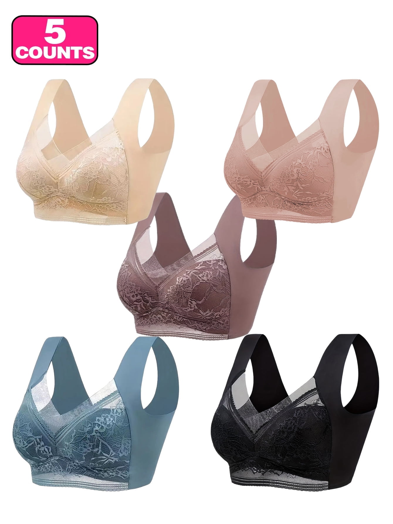 【HOT】5-Pack Women's Plain Lace Bra, Lady Minimalist Basic Lingerie ...