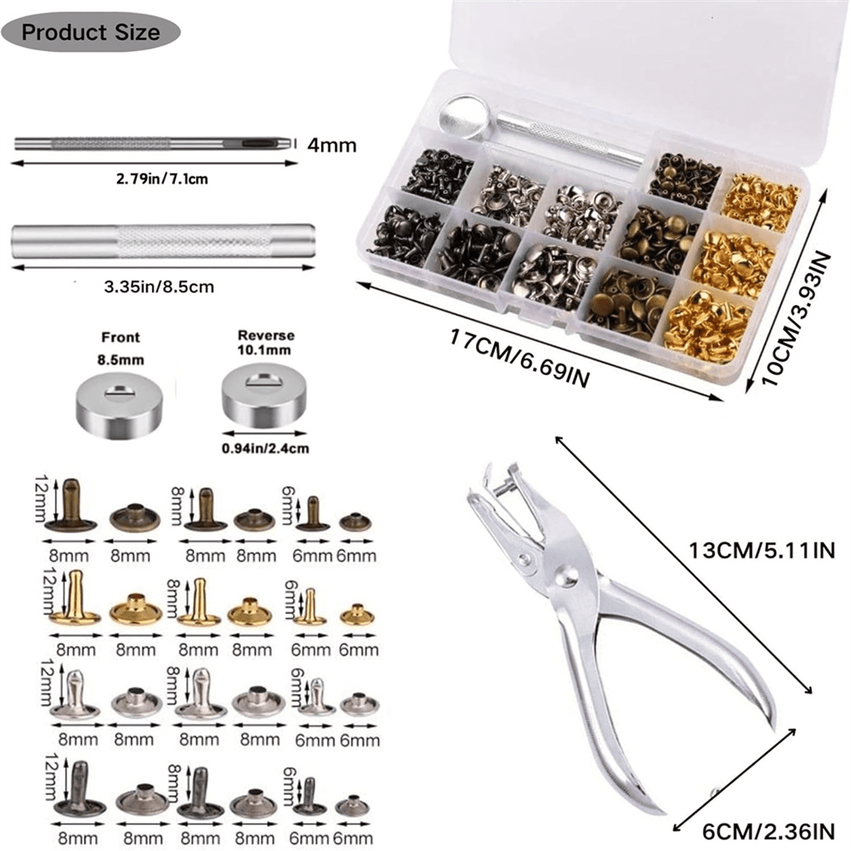 HOT! Leather Rivet Kit,180 Sets Double Cap Rivets Tubular,4 Colors 3 ...