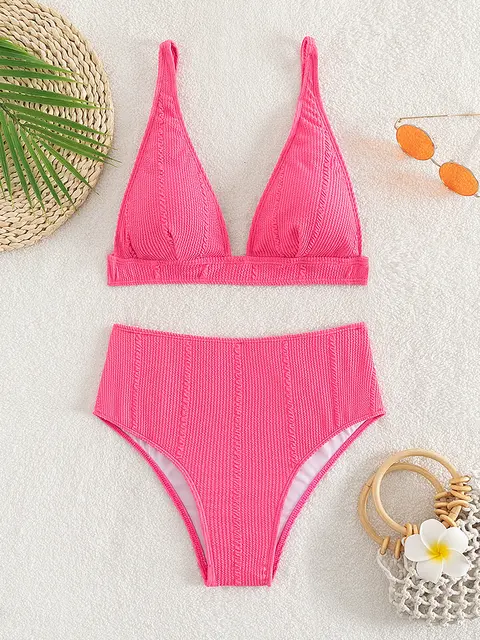 HOT Plain Bikini 2024 Women High Waist Swimsuit Solid Pink Padded ...