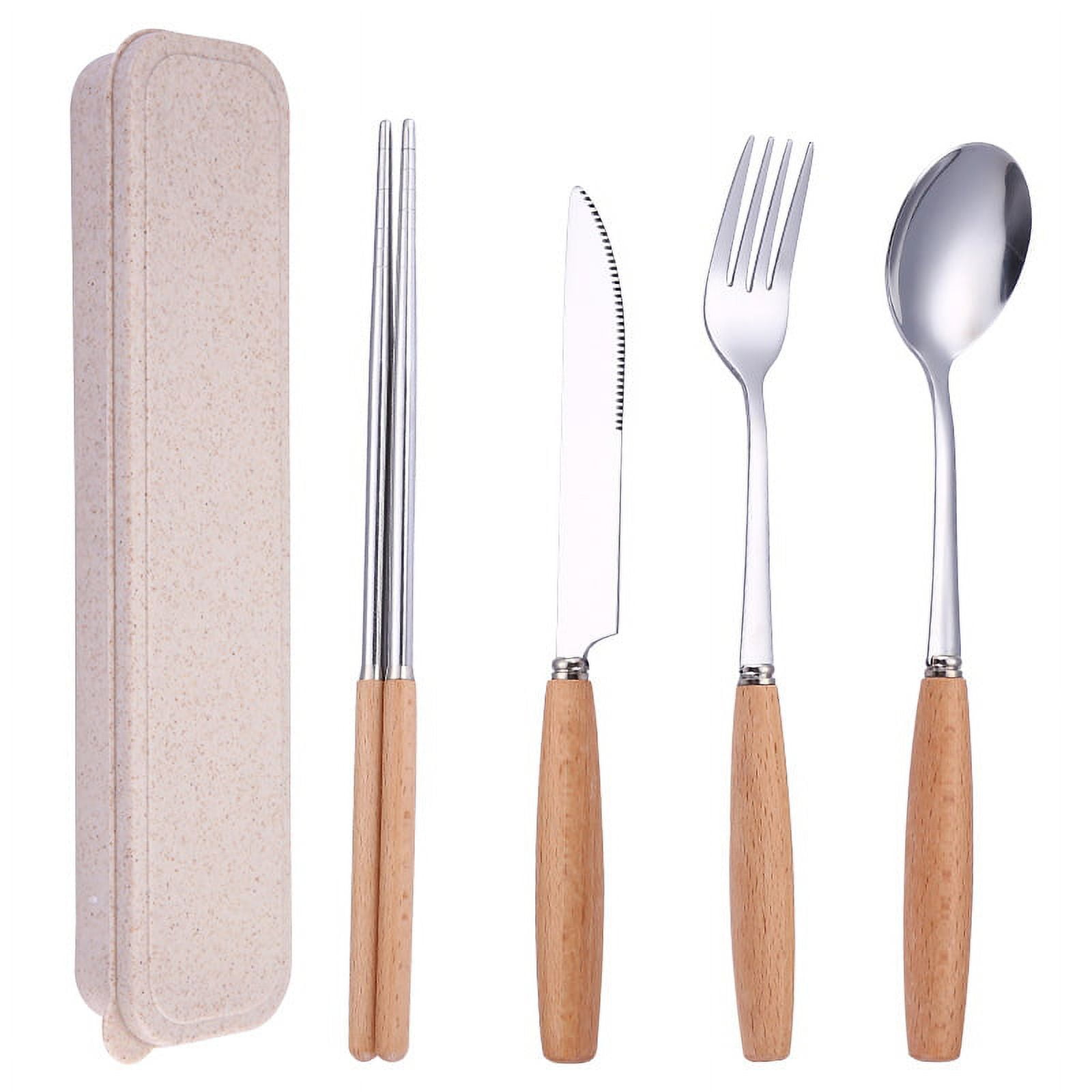 Portable Utensils Set with Case-4 Pieces Wood Handle Reusable Flatware ...