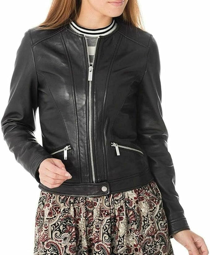 HOT! Women's Genuine Black Lambskin Leather Jacket Slim Fit Biker ...