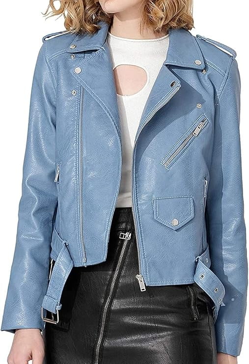 HOT! Women's Genuine Blue Lambskin Leather Jacket Slim Fit Biker ...