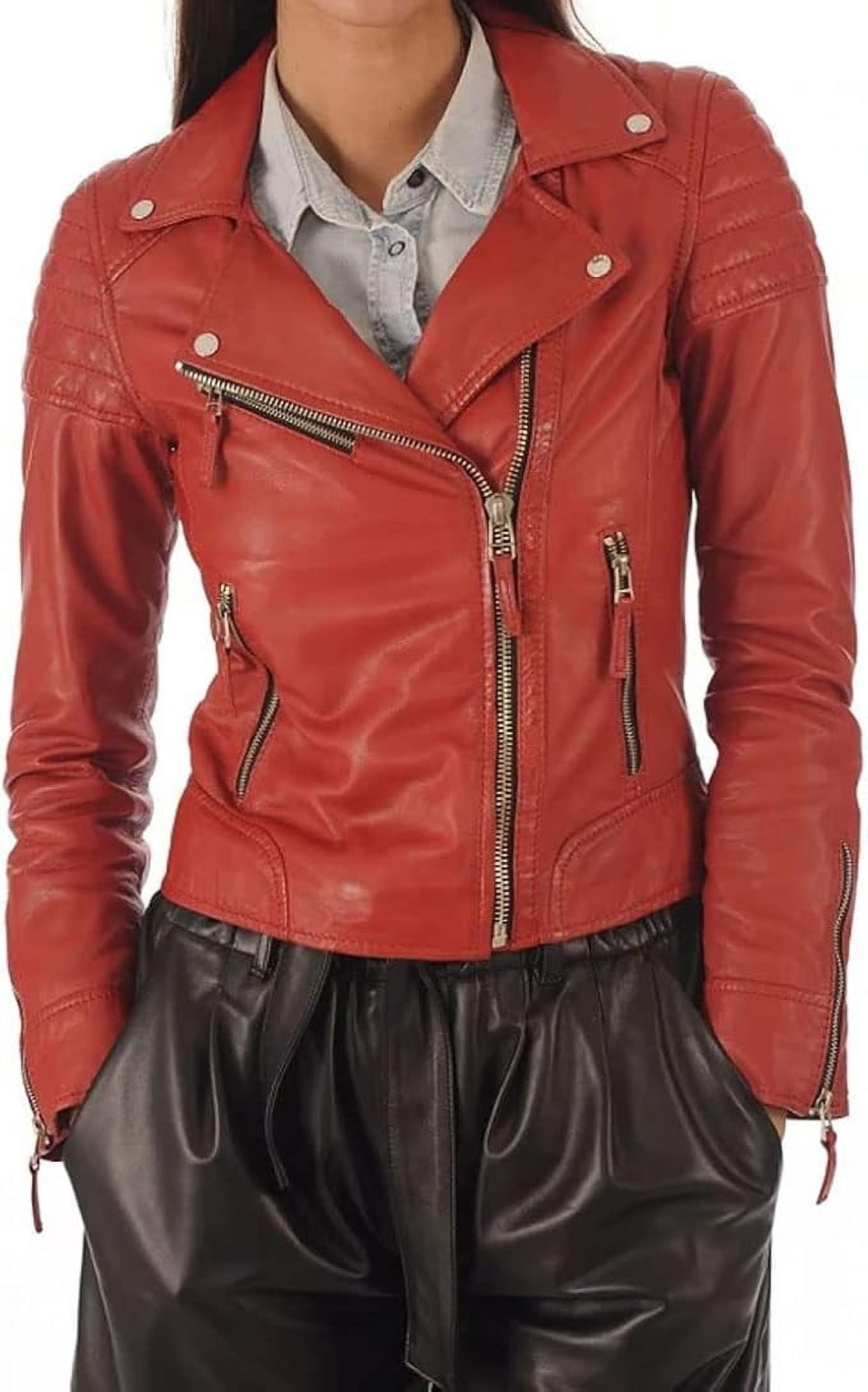 HOT! Women's Genuine Red Lambskin Leather Jacket Slim Fit Biker jacket Coat W163 - Walmart.com