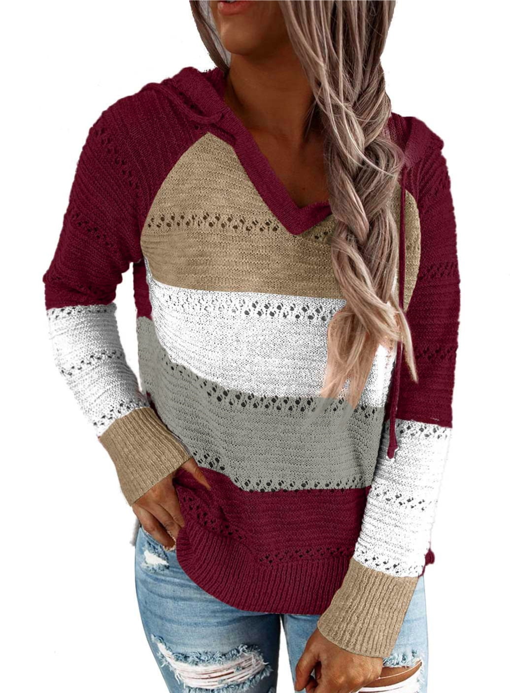 HOTAPEI Plus Size Hooded Sweaters for Women Color Block Hoodie Crochet ...