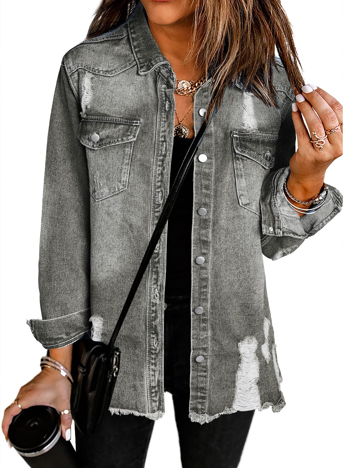 HOTAPEI Ripped Jean Jacket for Women Casual Long Metal Buttoned Frayed ...