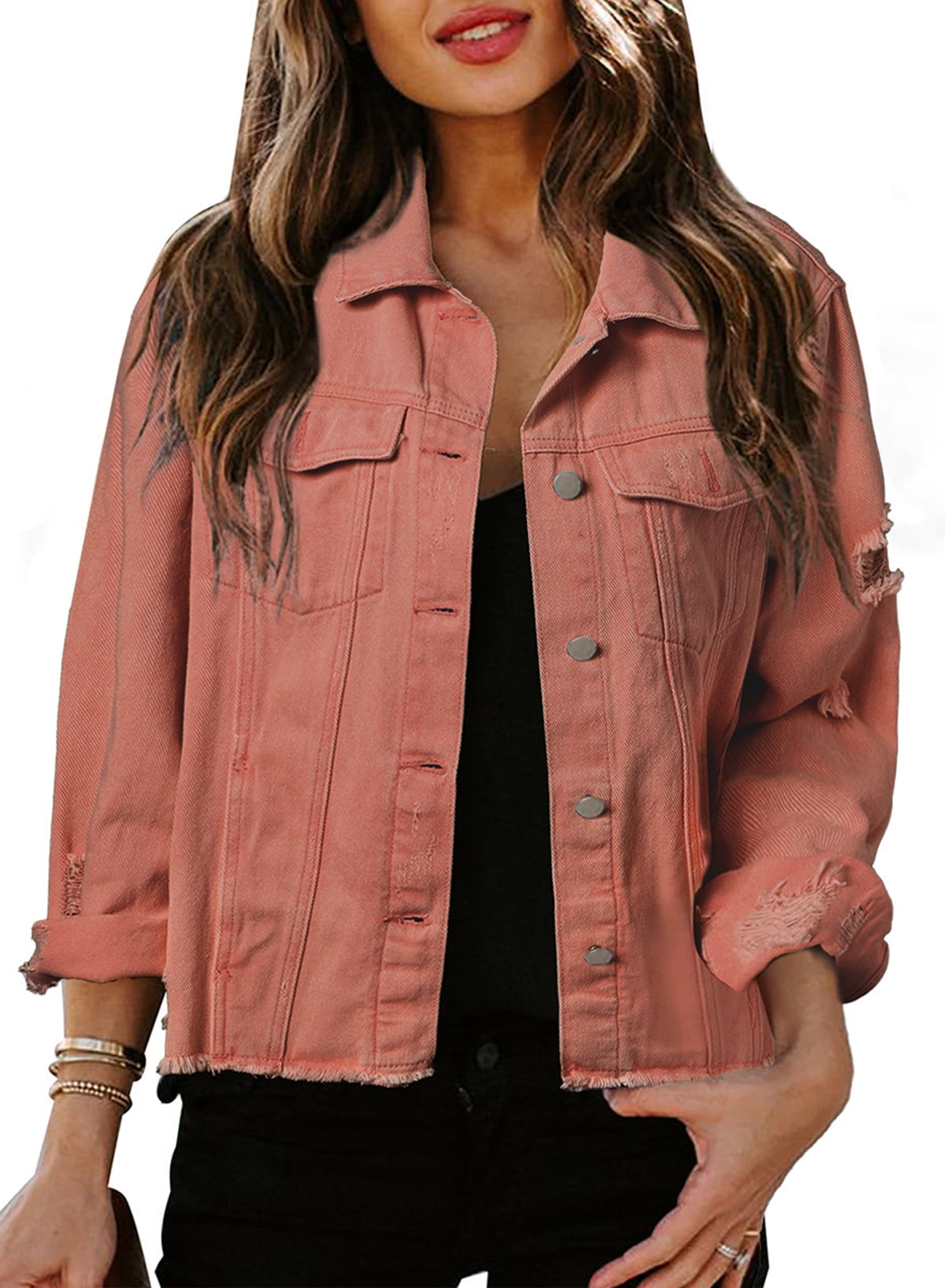 HOTAPEI Ripped Jean Jacket for Women Fashion Cropped Jacket Button ...