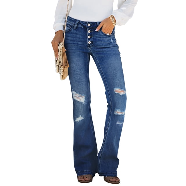 HOTAPEI Womens Flare Jeans Ripped Wide Leg Distressed Skinny Jeans ...