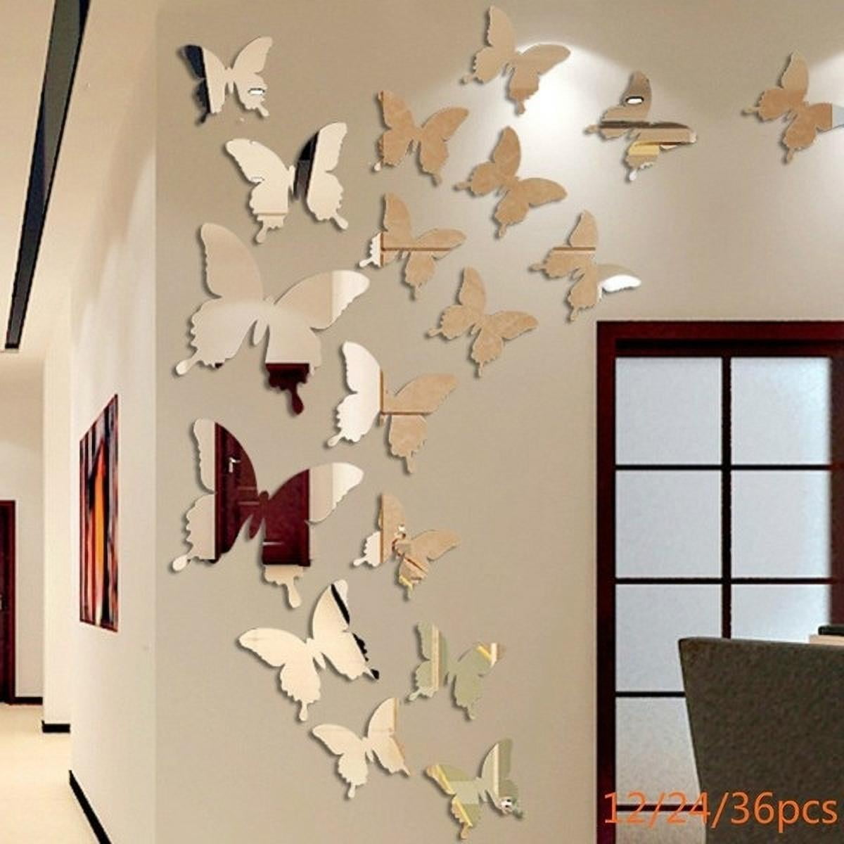 HOTBEST 24Pcs 3D Butterfly Mirror Wall Sticker Decal Wall Art Removable ...