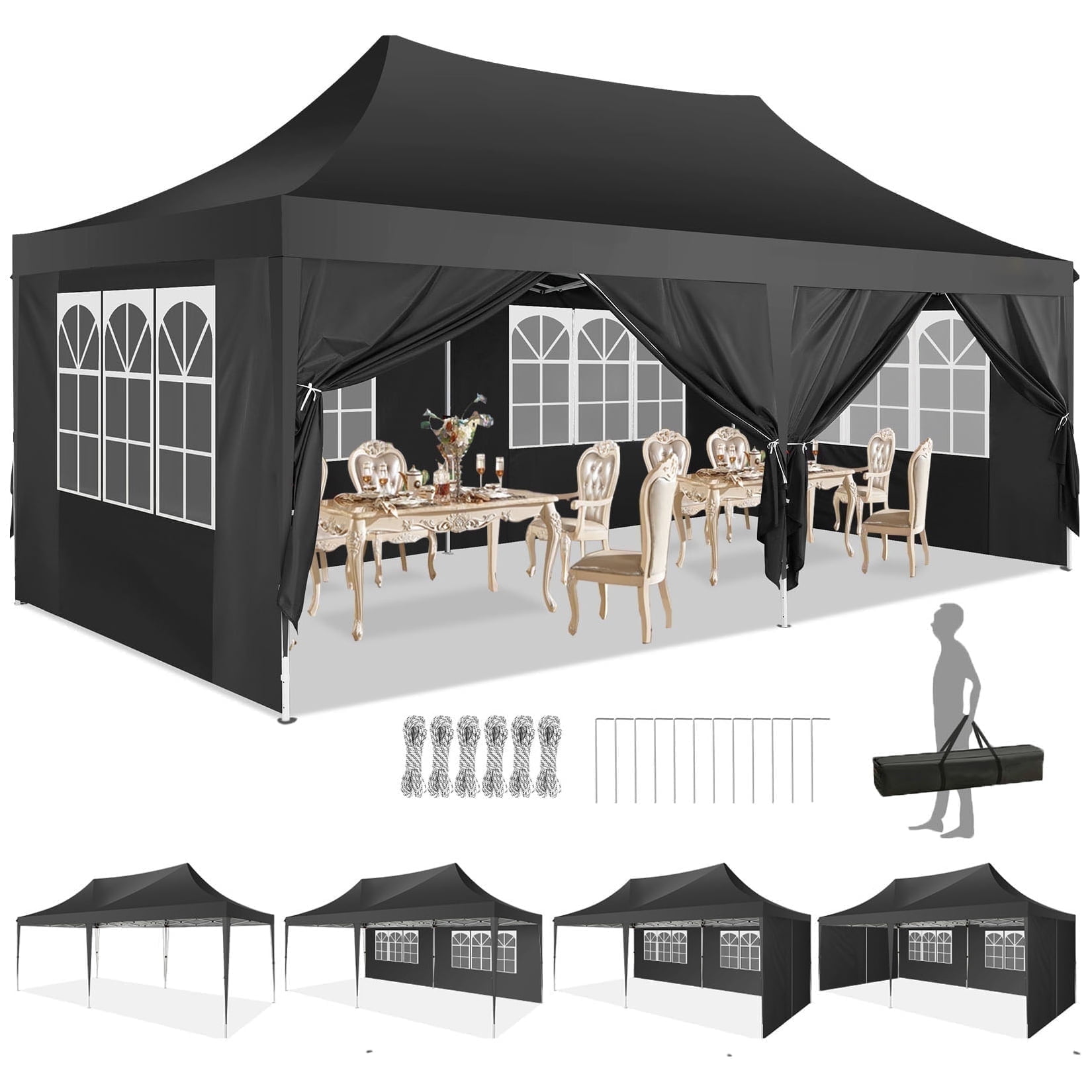 HOTEEL 10'x20' Heavy Duty Waterproof Pop up Canopy Tent, Commercial Gazebo, Outdoor Event, Black ...